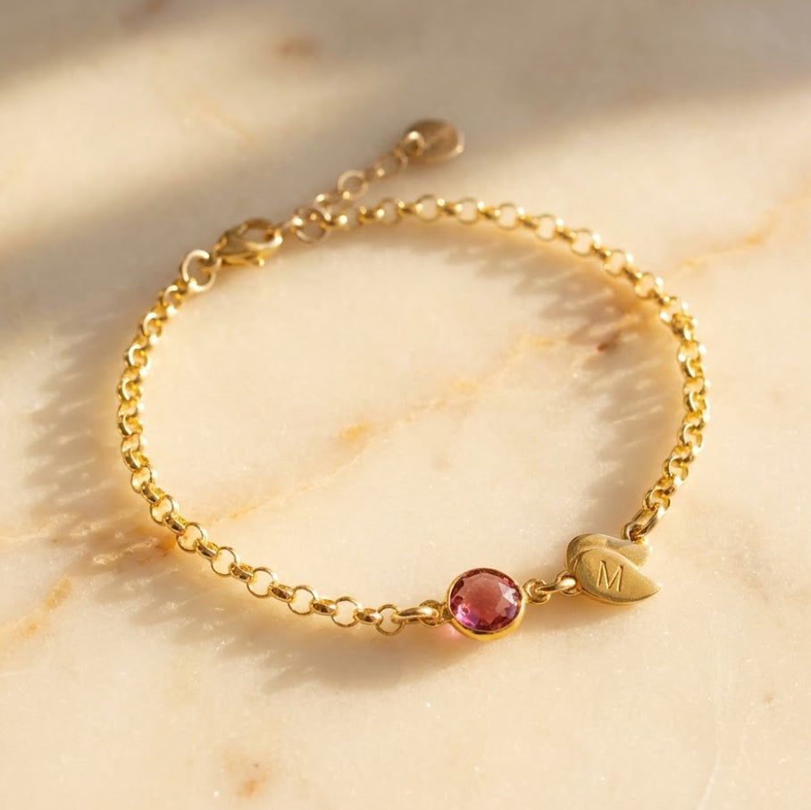 Custom Birthstone Bracelet with Engraved Initial Charm – Danique Jewelry