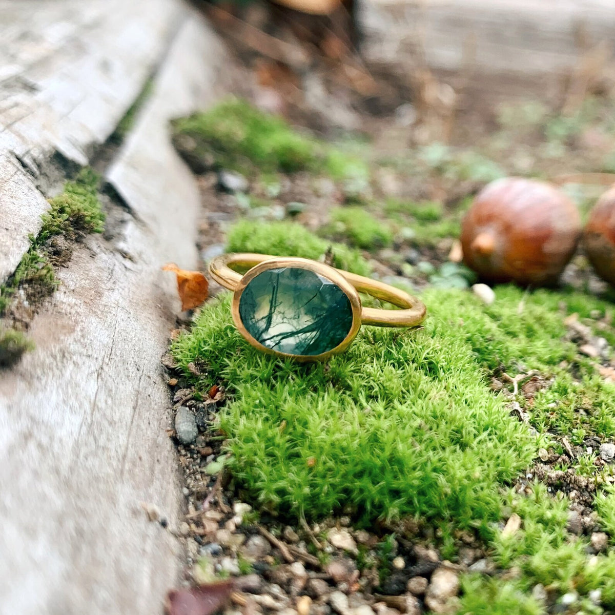 Natural Moss Agate Oval Bezel Ring - Danique Jewelry