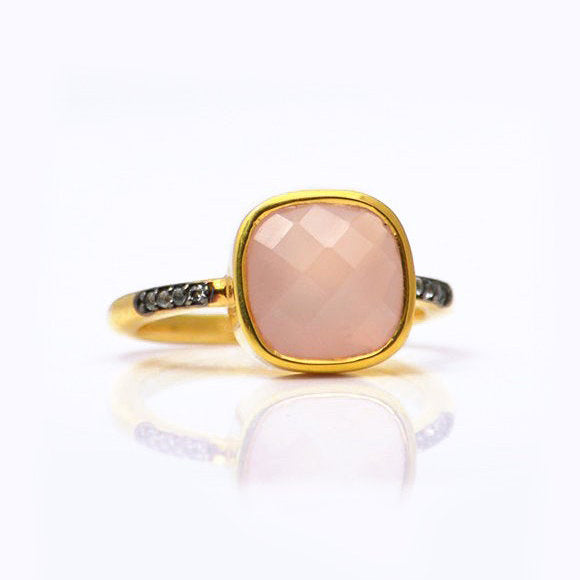 Pink Chalcedony Pave Cushion Cut Ring – Sterling Silver Bezel Set ...
